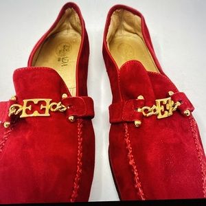 Escada | Shoes | Escada Vintage Gorgeous Red Suede Gold Logo Loafers ...